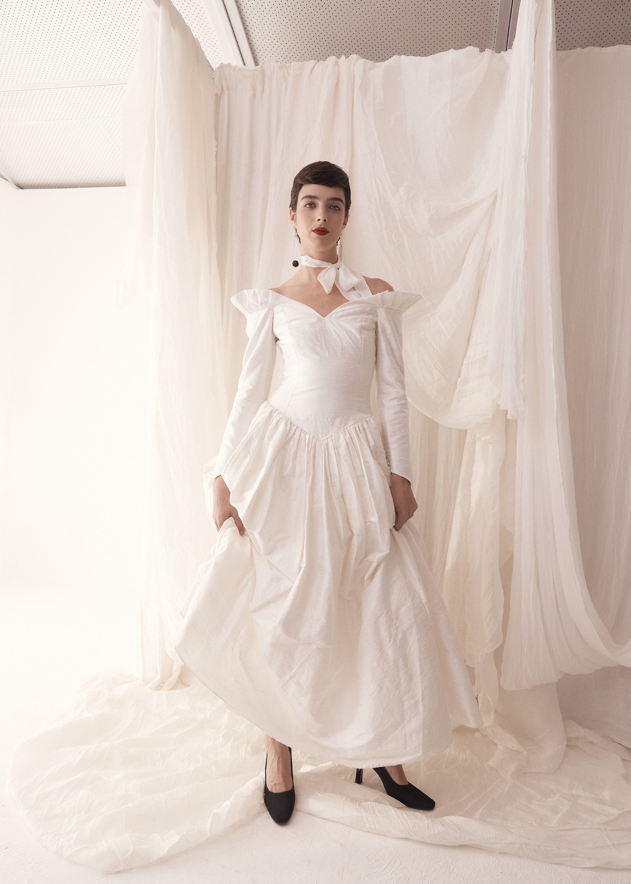 80s Silk Dupion Basque Waist, Off Shoulder, Long Sleeve Wedding Gown