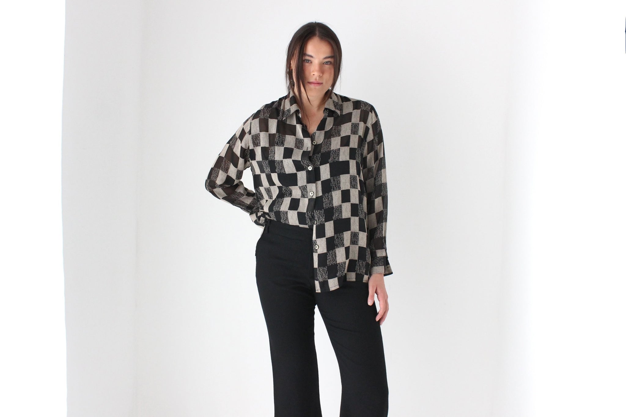 80s Sheer Checkerboard Blouse