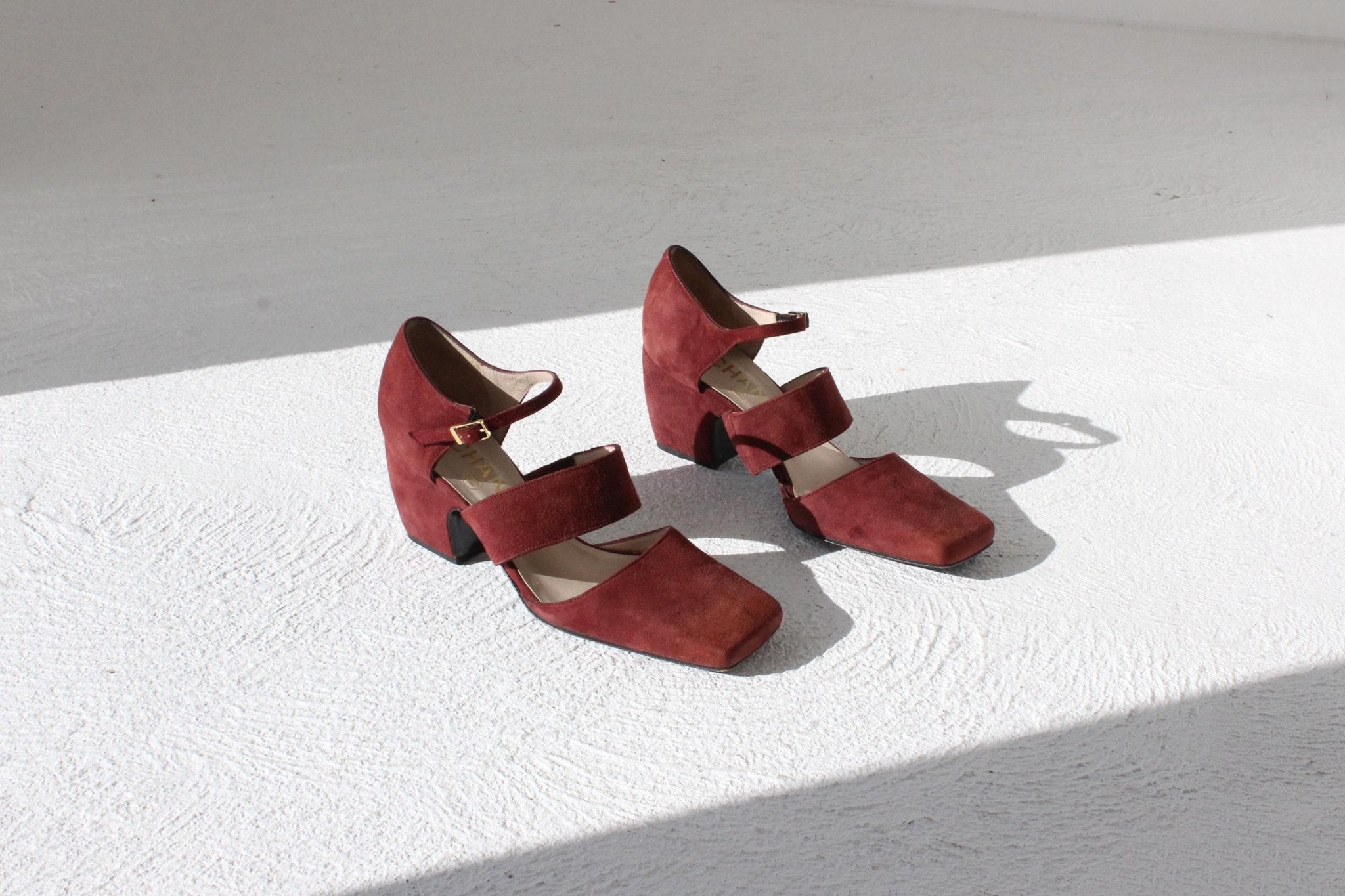 FRENCH COLLECTION Vintage 90s Chanel Suede Sculptural Square Toe Mary