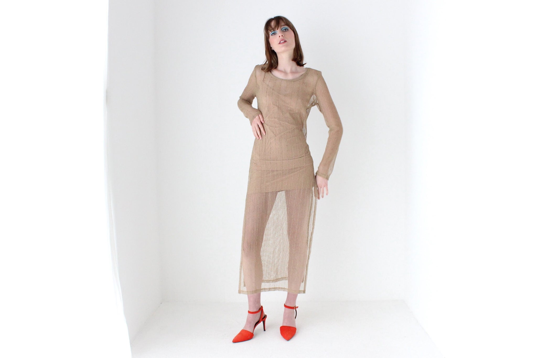 Y2K Flesh Mesh Fishnet Open Knit Long Sleeve Sheath Dress