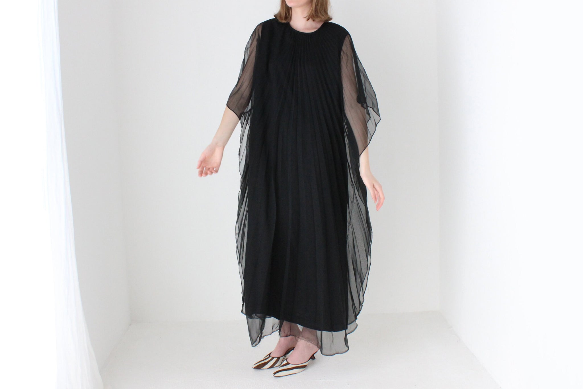 70s Sheer Accordion Pleated WINGED Gown