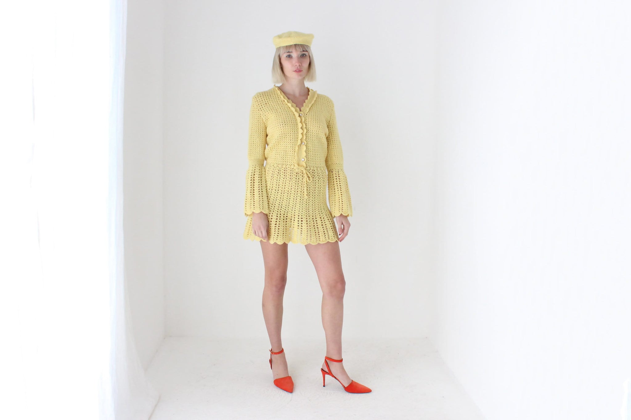 70s Hand Knit Lemon Yellow Mini Dress w/ Matching Beret